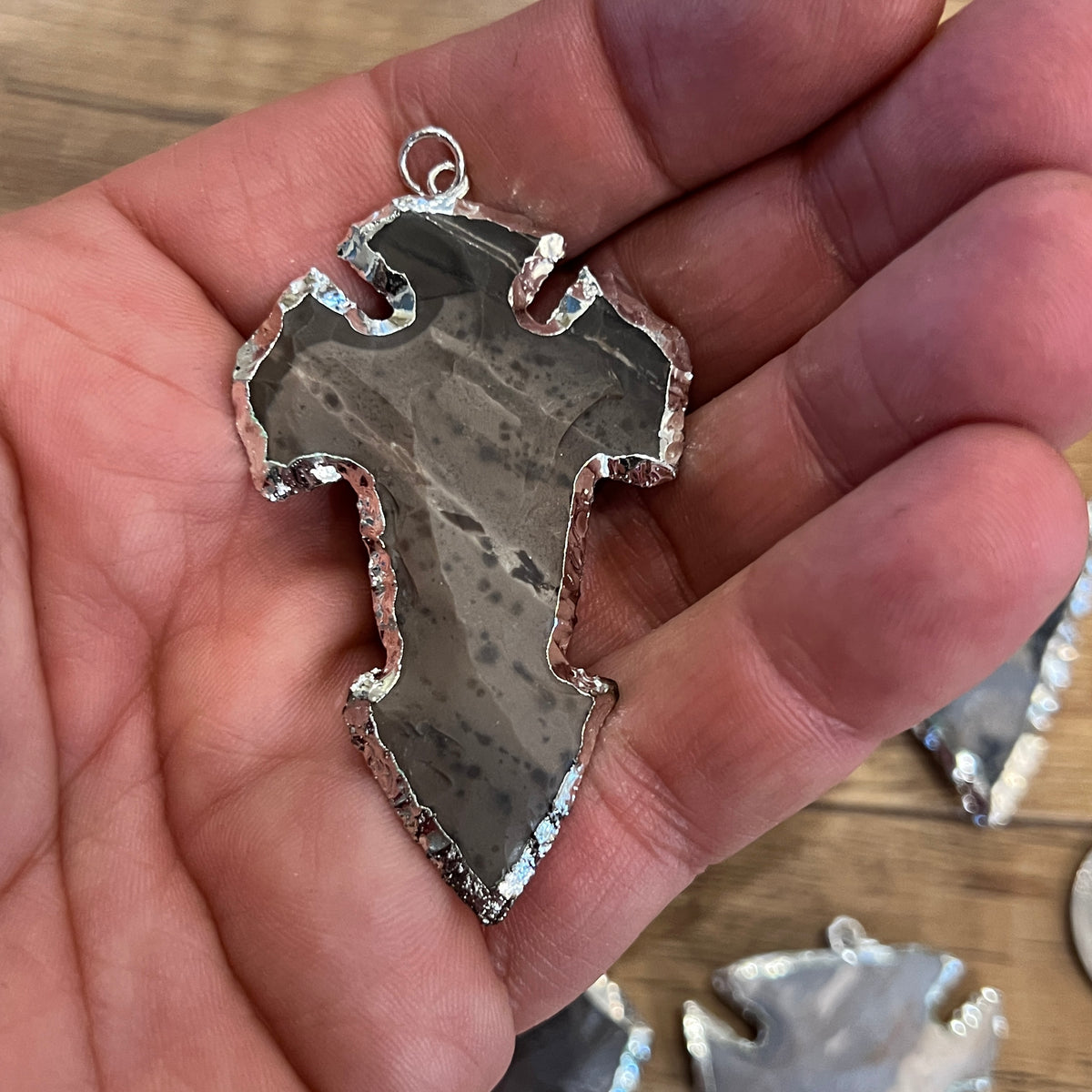 Agate Arrowhead Pendant with Silver Plated Edge – Twin Rocks and Crystals